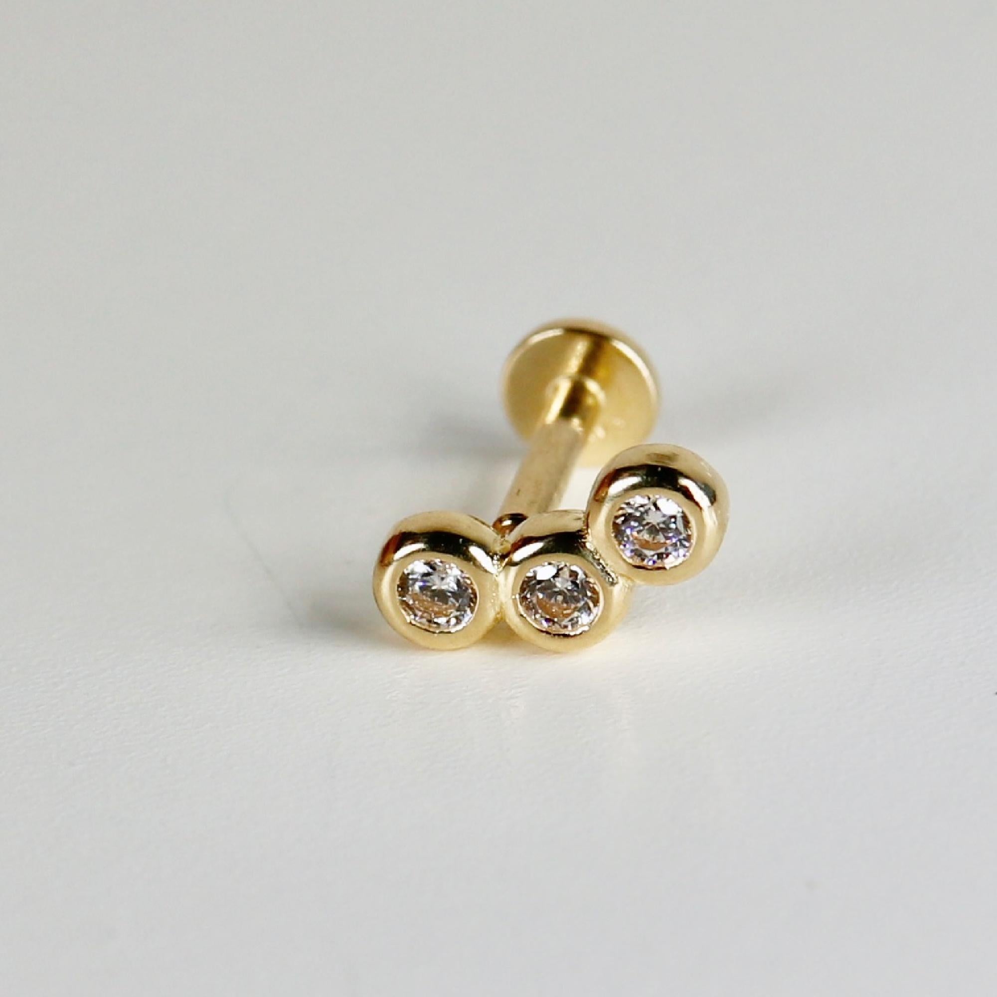 Three Bezel Stone Curve Bar Ear Piercing 14k Solid Gold – Melt'm Jewelry